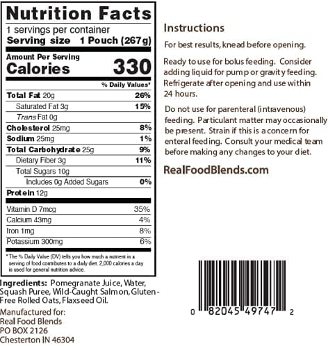 Real Food Salmon, Oats & Squash Pureed Blended Meal for Feeding Tubes, 9.4 oz Pouch (Pack of 12 Pouches)