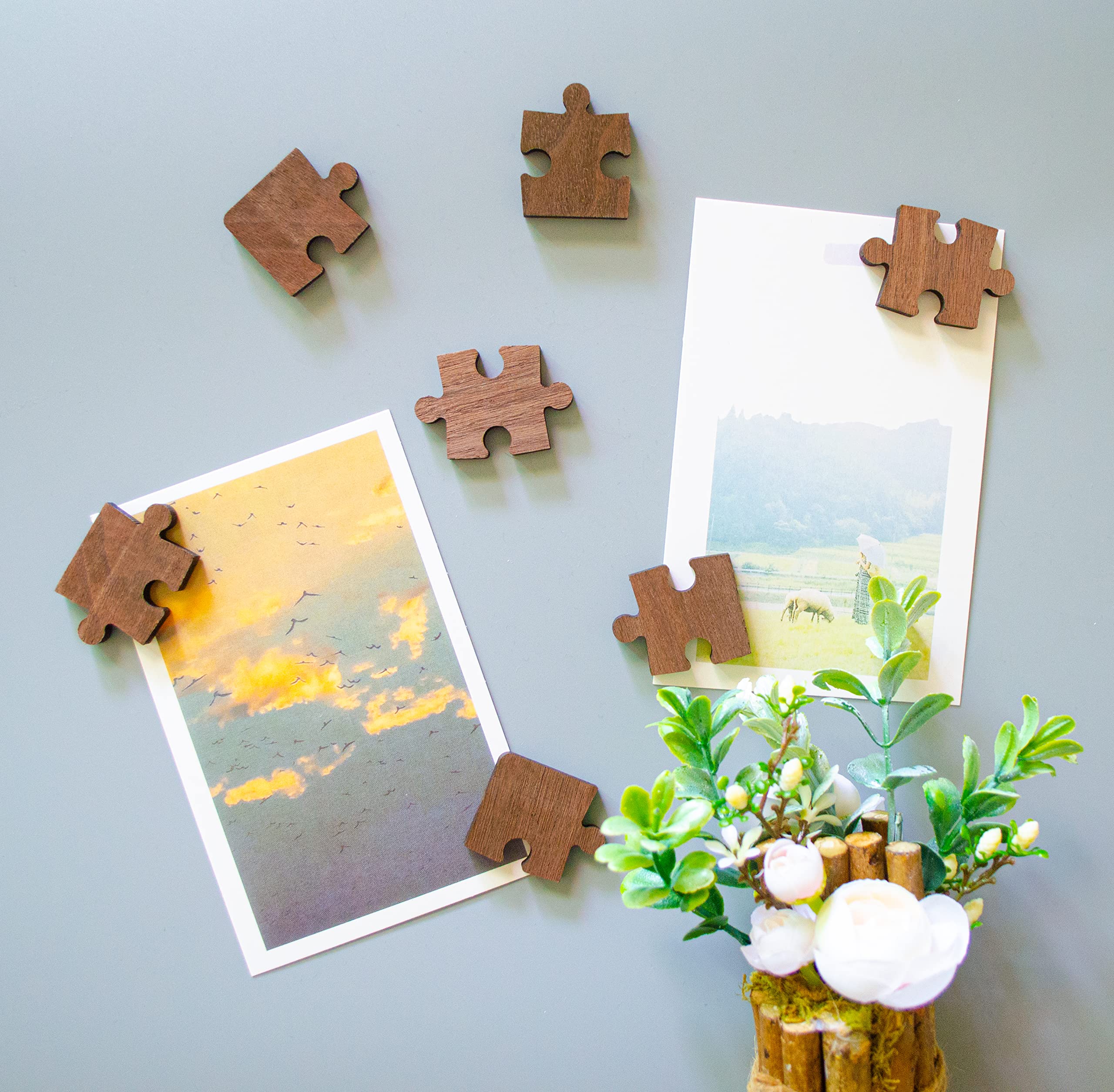 Wooden Puzzle Refrigerator Magnets, 24 PCS Natural Walnut Fridge Magnets, Strong Magnets for Fridge, Whiteboard, Kitchen, Office, and School, Locker(1.2in x 1.8in x 0.24in)