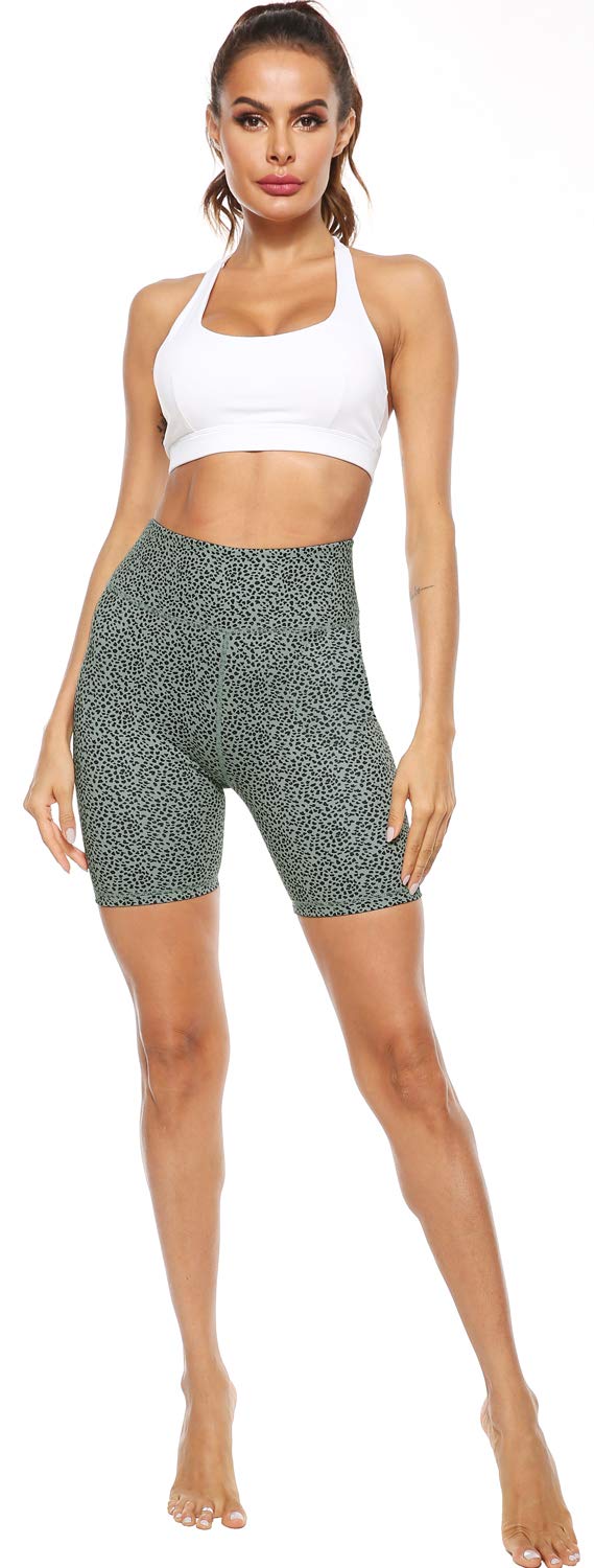 PERSIT Women's High Waist Print Workout Yoga Shorts with 2 Hidden Pockets, Non See-Through Tummy Control Athletic Shorts Bean Green Leopard