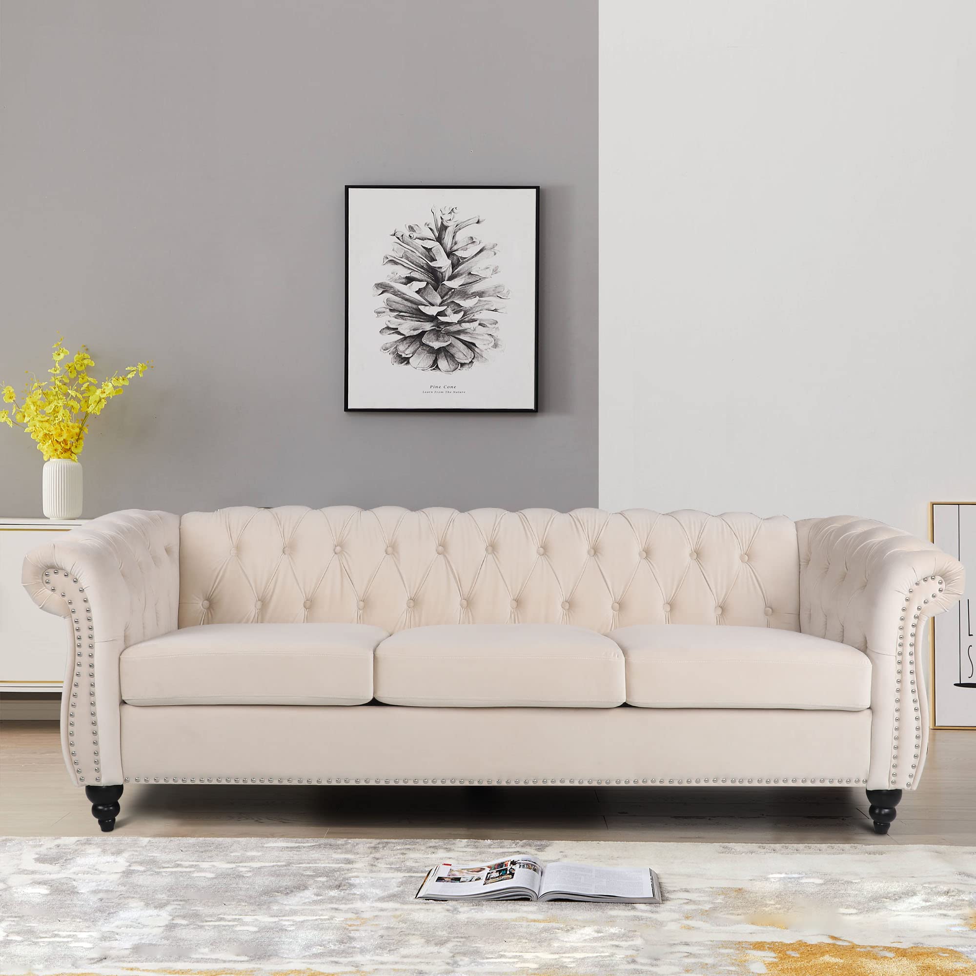 MIYZEAL Modern 3 Seater Couch Velvet, Upholstered Sofa with Tufted Back, Roll Arm Classic Chesterfield Settee Couches for Living Room, Office (Beige)