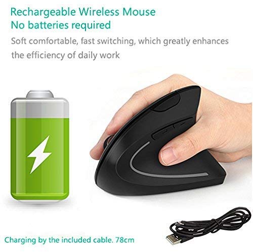 Rechargeable Wireless Vertical Ergonomic Mouse, 2.4G USB Optical Vertical Mouse with 3 Adjustable DPI 800/1200/1600 Levels 6 Buttons for Computer, Laptop, PC, MacBook- Black