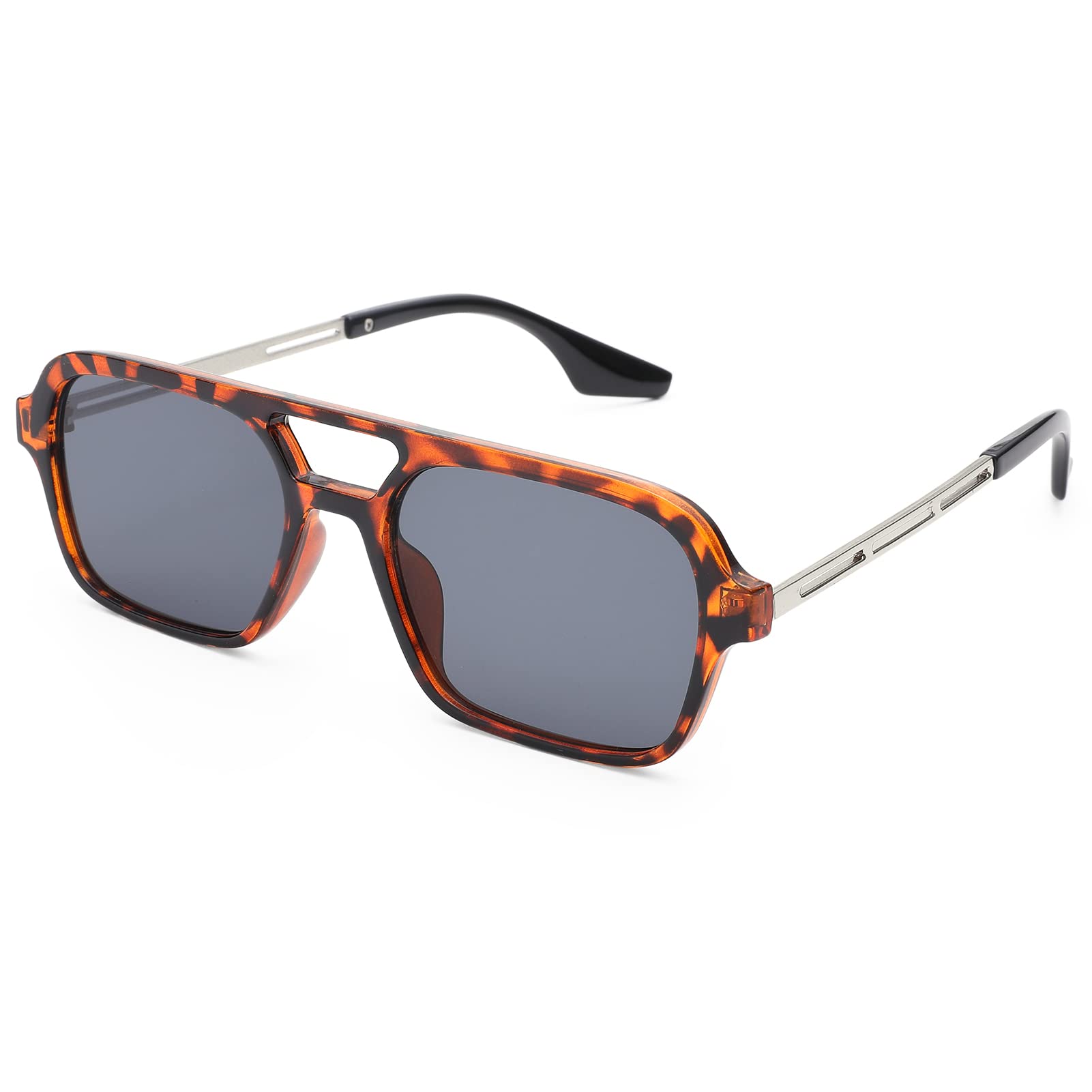 Pro Acme Vintage 70s Flat Pilot Sunglasses for Women Men, Small Frame Rectangular Glasses UV400 Protection Shades (Leopard Frame | Black Lens)