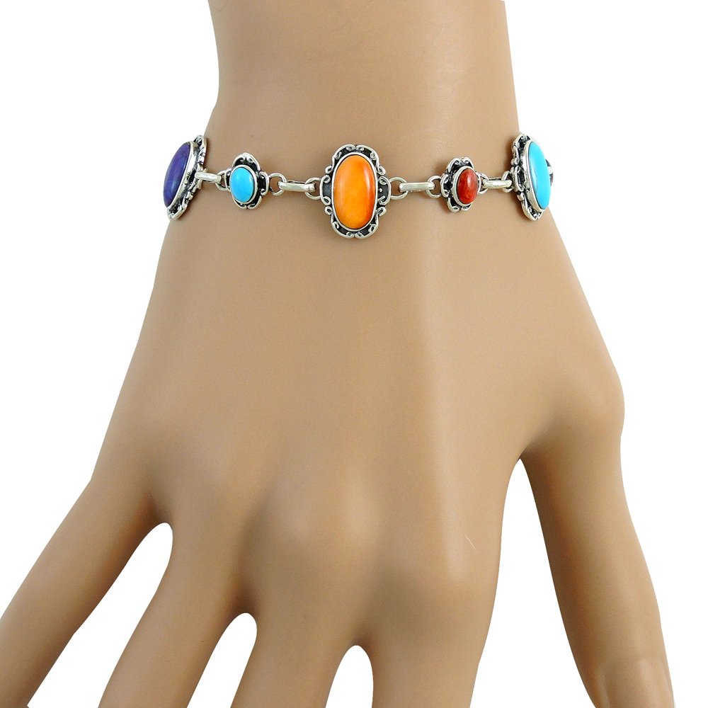Turquoise Network Coral Link Bracelet Sterling Silver 925 Genuine Coral (Coral)