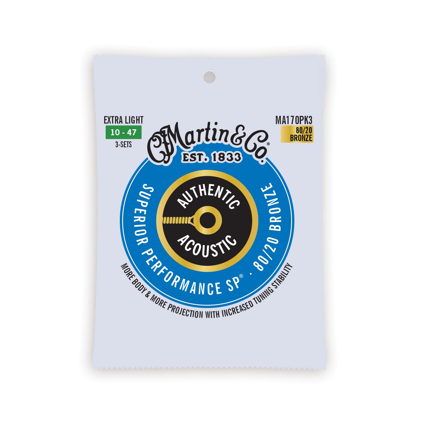 Martin Authentic Acoustic Guitar Strings, Superior Performance Extra Light 10-47 80/20 Bronze, 3 Pack