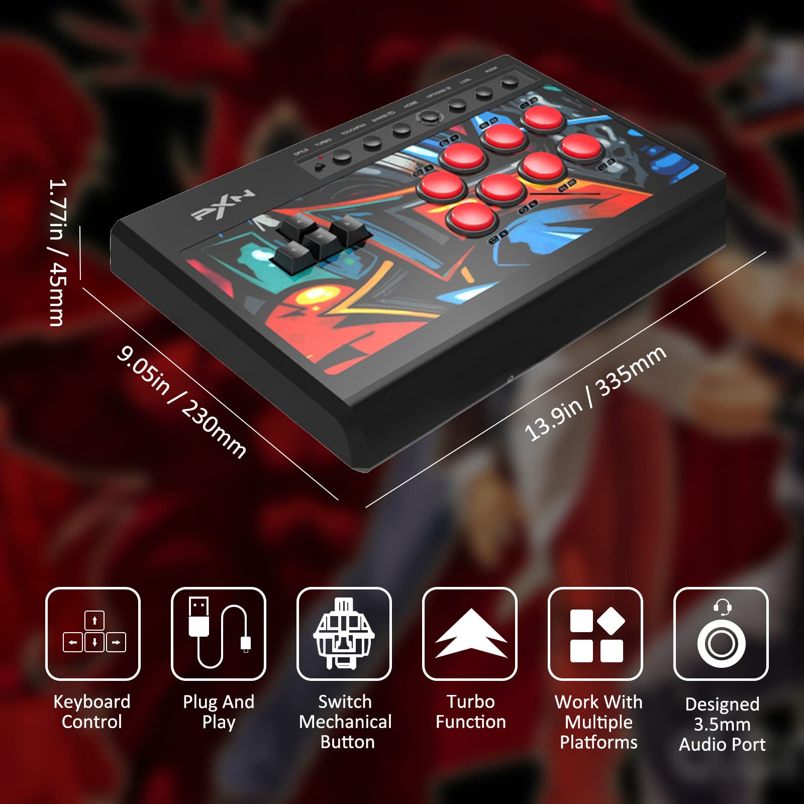 PXN Arcade Fight Stick, X8 Street Fighter Arcade Game Fighting Joystick with USB Port, with Turbo & Audio Functions, Suitable for PS3 / PS4/ Xbox Series X|S/Xbox One/Nintendo Switch/PC Windows