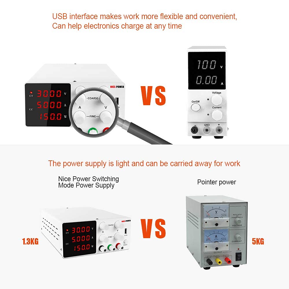 NICE-POWER Adjustable DC Power Supply (0-30V, 0-5A) Variable Switching Regulated High Precision 4-Digits LED Display 5V/2A USB Port Test Lead Output & Input Power Cord Bench Lab Power Supplies