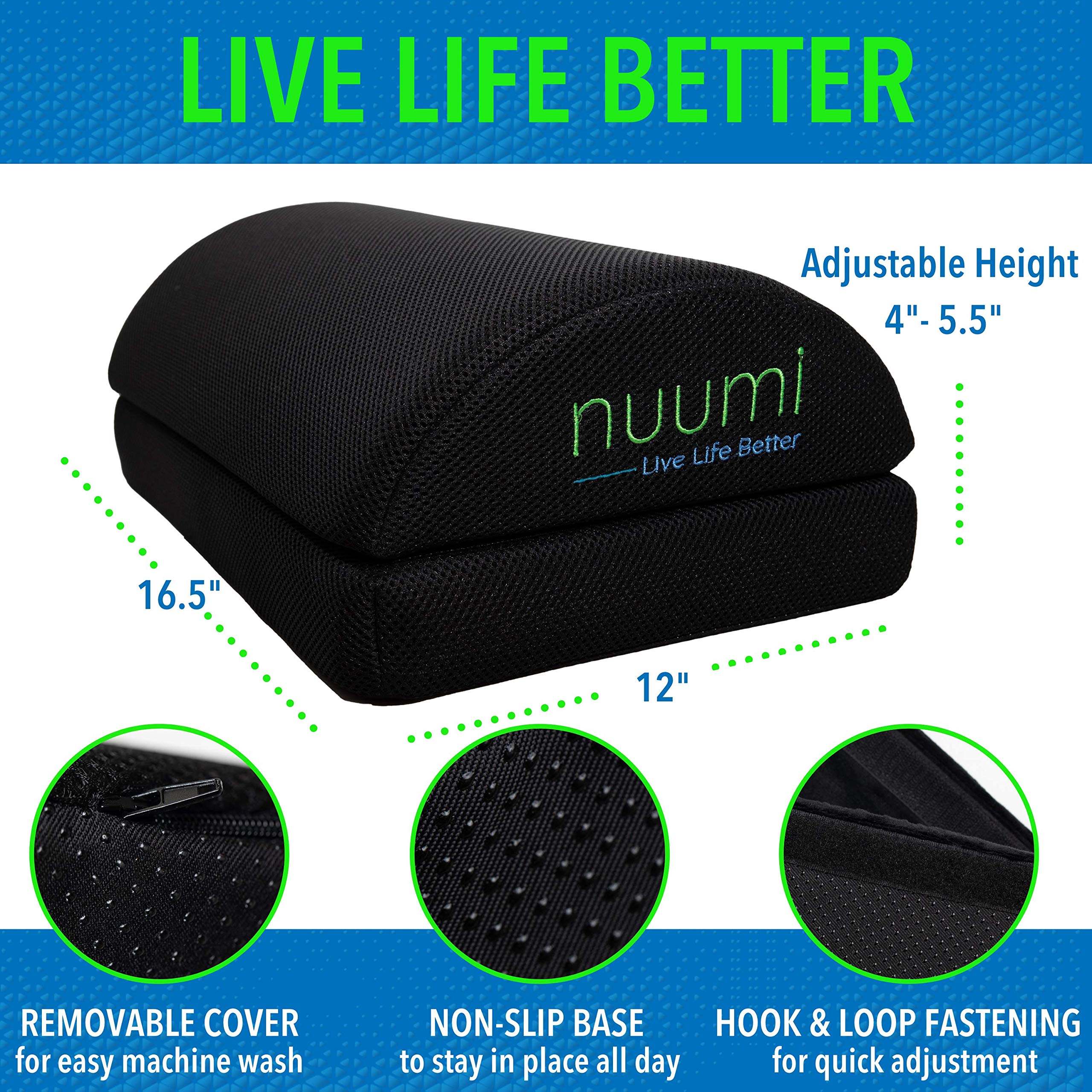 Nuumi Under Desk Foot Rest – Adjustable Height Memory Foam Ergonomic Footrest Rocker Stool for Elevation, Office Gaming Chair, Work, Airplane – Non Slip Ottoman Cushion for Back & Leg Pain Relief
