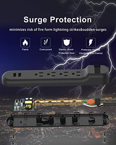 Wishinkle Surge Protector, 4 AC Multiple Plug Outlets with 2 USB Power Strip, 2.5 ft Flat Plug Extension Cord for Home, Office, Travel, School, Black