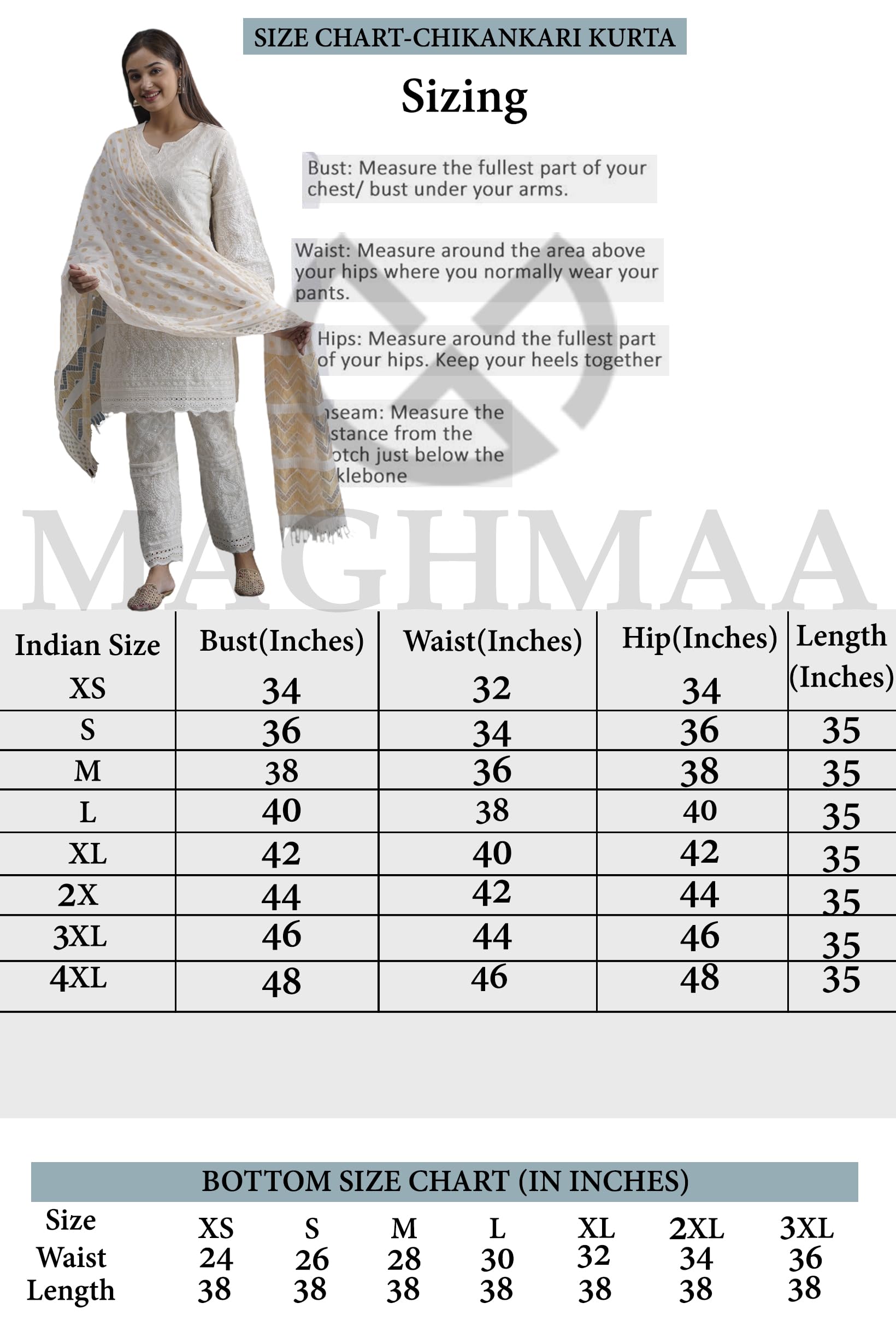 MAGHMA Chikankari Kurtis for Women Pakistani Salwar Kameez Suit Set Indian Dresses Cream White Kurti Pant & White Color Dupatta Set (L)