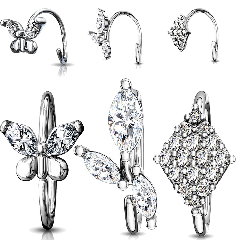 MoBody 3-Pack 20G Bendable Nose Ring Piercing Hoop CZ Paved Surgical Steel Cartilage Earring Set (8mm)