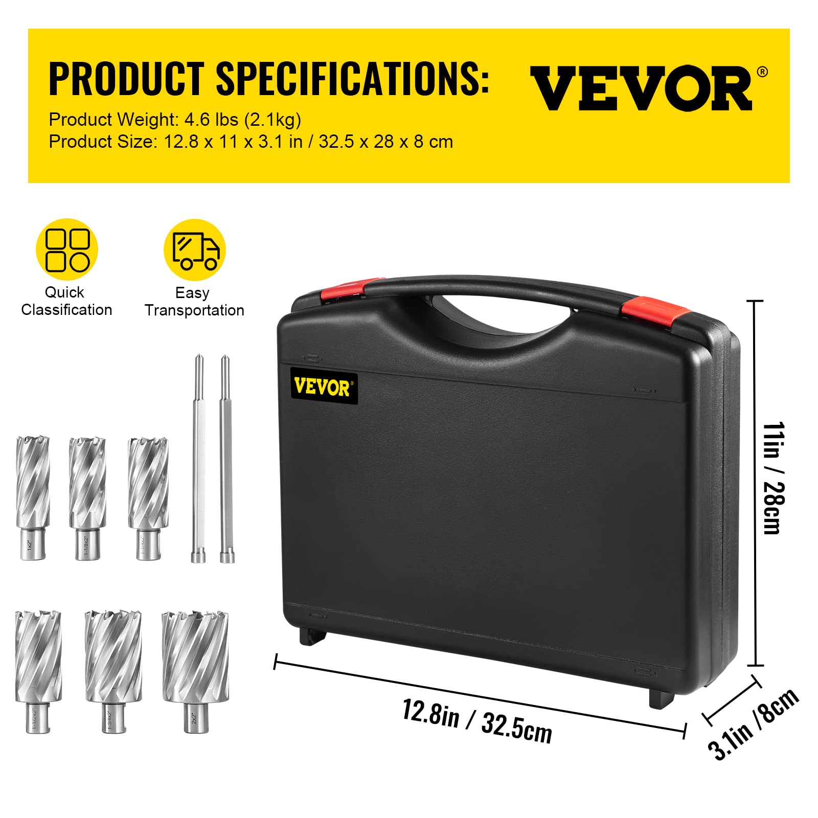 VEVOR Annular Cutter Set, 6 pcs 3/4" Weldon Shank, 2" Cutting Depth and Cutting Diameter from 1" to 2", 2 Pilot Pins & Strong Case for Using with Magnetic Drills, Silver