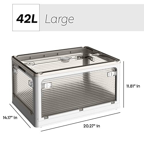 WYZworks Collapsible Storage Boxes with 5 sides Opening - Foldable Stackable Plastic Storage Box Tote w/Wheels Designed for Clothing, Snack Pantry, Toys, Side Latching Locks - 42L - White