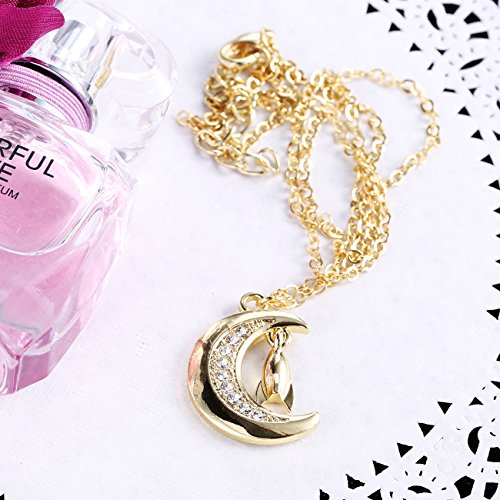 MANZHEN Gold Silver Tone Crystal Crescent Moon with Rocket Charm Pendant Necklace Moon Jewelry (Rose gold)
