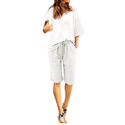 Shorts for Women High Waist Casual Summer, Half Length Printed Linen Short Workout Yoga Short Athletic Short Biker Shorts(White,XL)