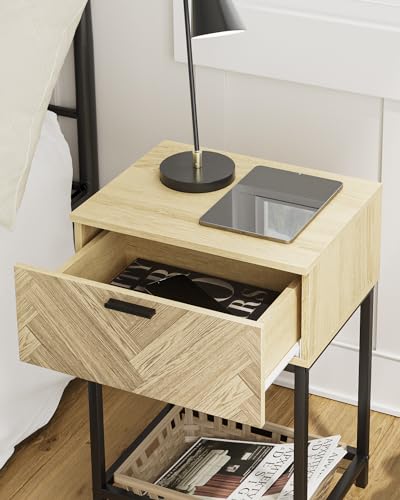 Masupu Nightstand,Bedside Tables with Storage Drawer,Tall Nightstand with Herringbone Pattern,Bedside Furniture,Small Side Table for Small Spaces, Bedroom, Living Room, Rustic Oak