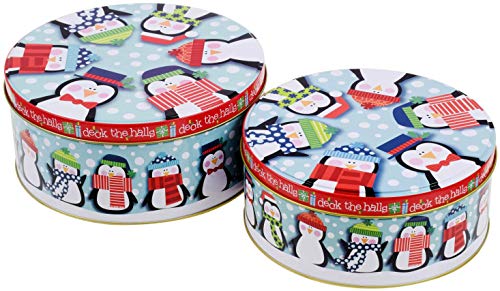 Round Nesting Tins With Holiday Print Designs Bundle of 2 Round Metal Tins with Lids for Cookies, Candy, Food Presents - 1- 6 and 3/4 Inches and 1- 6 inches Diameter