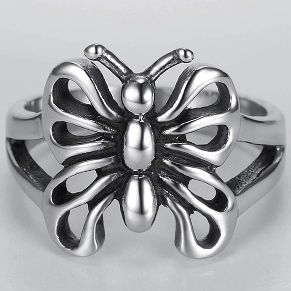 Retro Vintage Stainless Steel Butterfly Style Mother's Day Daughter Birthday Cocktail Party Biker Ring (Silver, 6)