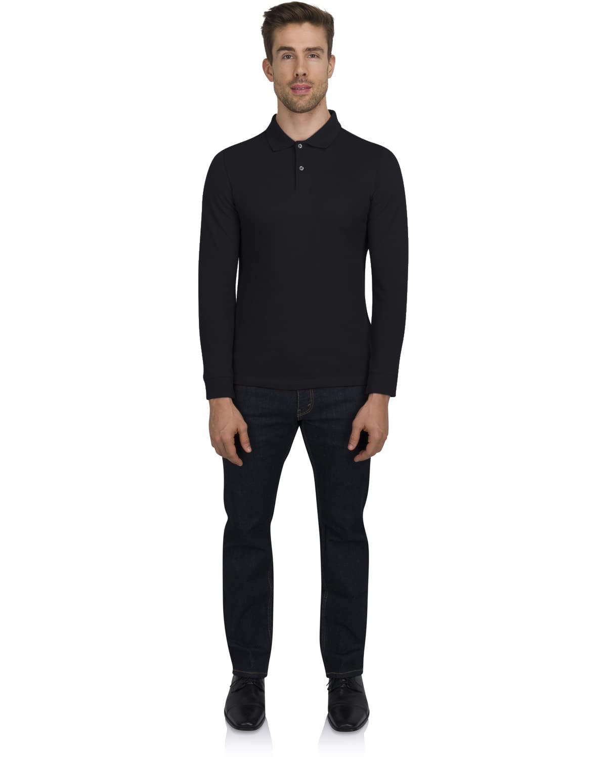 Three Sixty Six Men’s Untucked Casual Long Sleeve Polo - Collared Untuck Shirt with Two Button Placket and Stretch Fabric Black Onyx