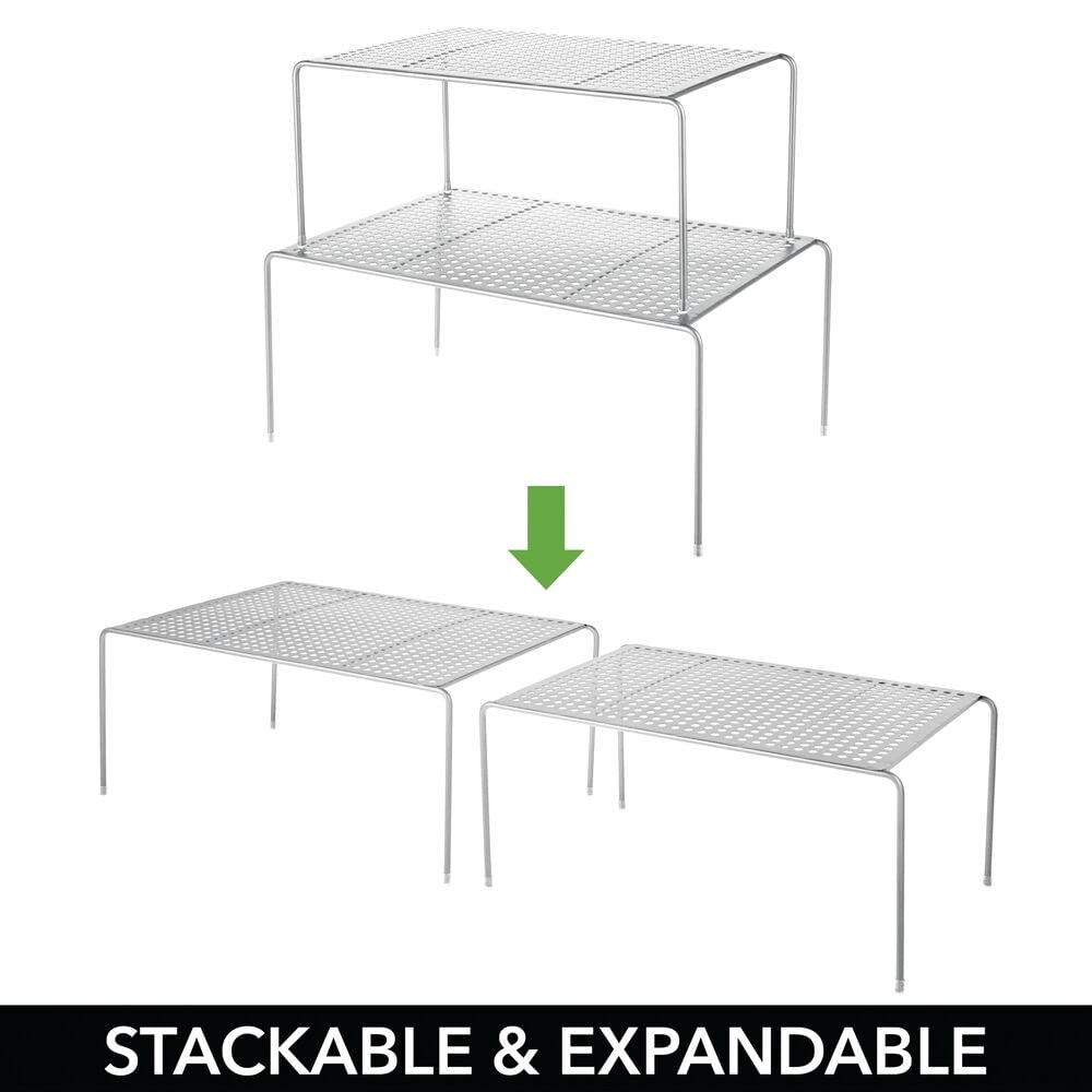 mDesign Adjustable Raised Metal 4-Piece Closet Stacking Organizer, Expanding Storage Shelf - Bedroom, Hall, Entryway Closets, Non-Skid Feet, Hold Hats, Shoes, Bags, Concerto Collection, 2 Pack, Silver