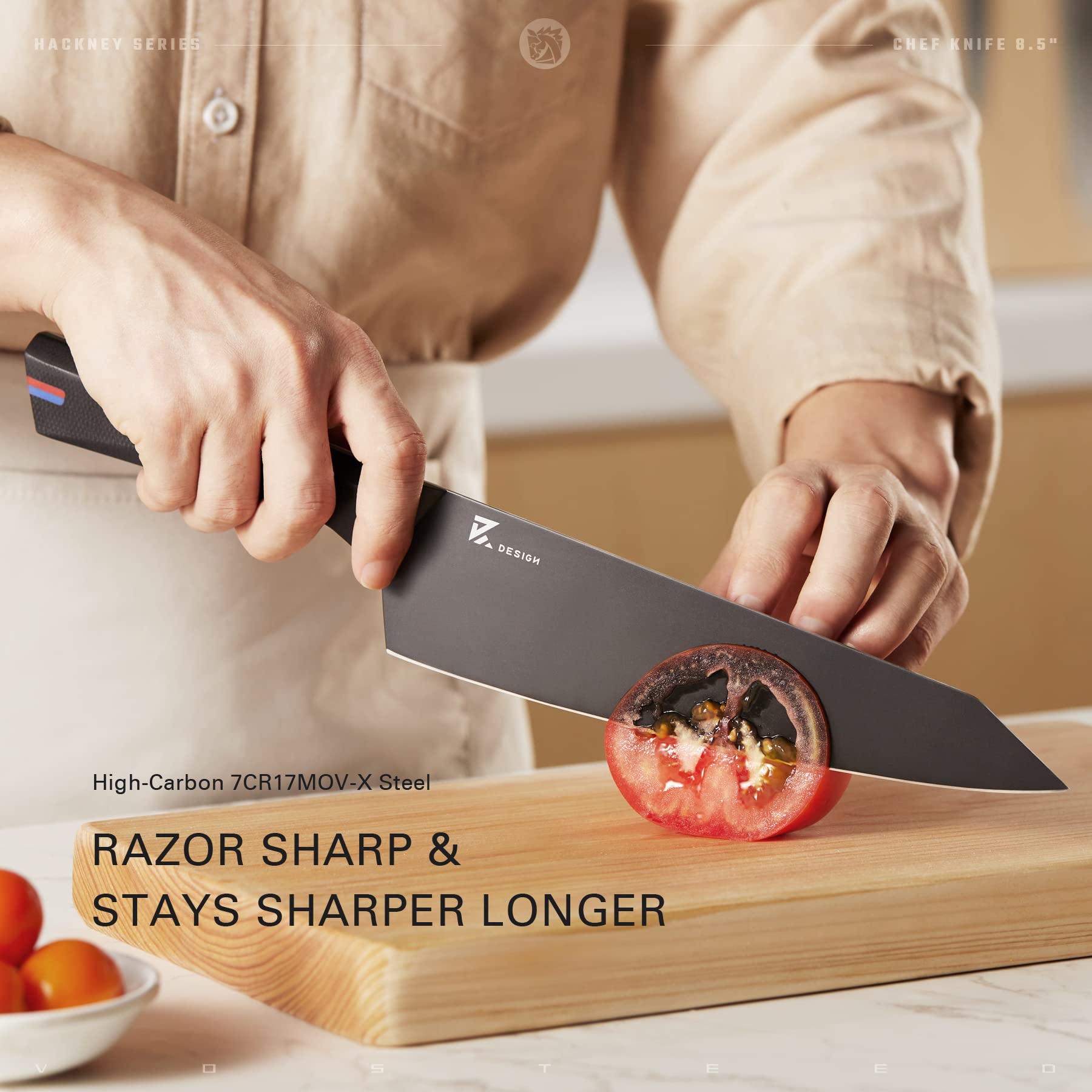 Vosteed Hackney 8.5 Inch Chef Knife with Sheath - Sharp Cooking Chef's Knife Pro Kitchen Chopping & Cutting Knife - High Carbon 7CR17MOV Stainless Steel & Titanium Nitride Coated, Gift Box