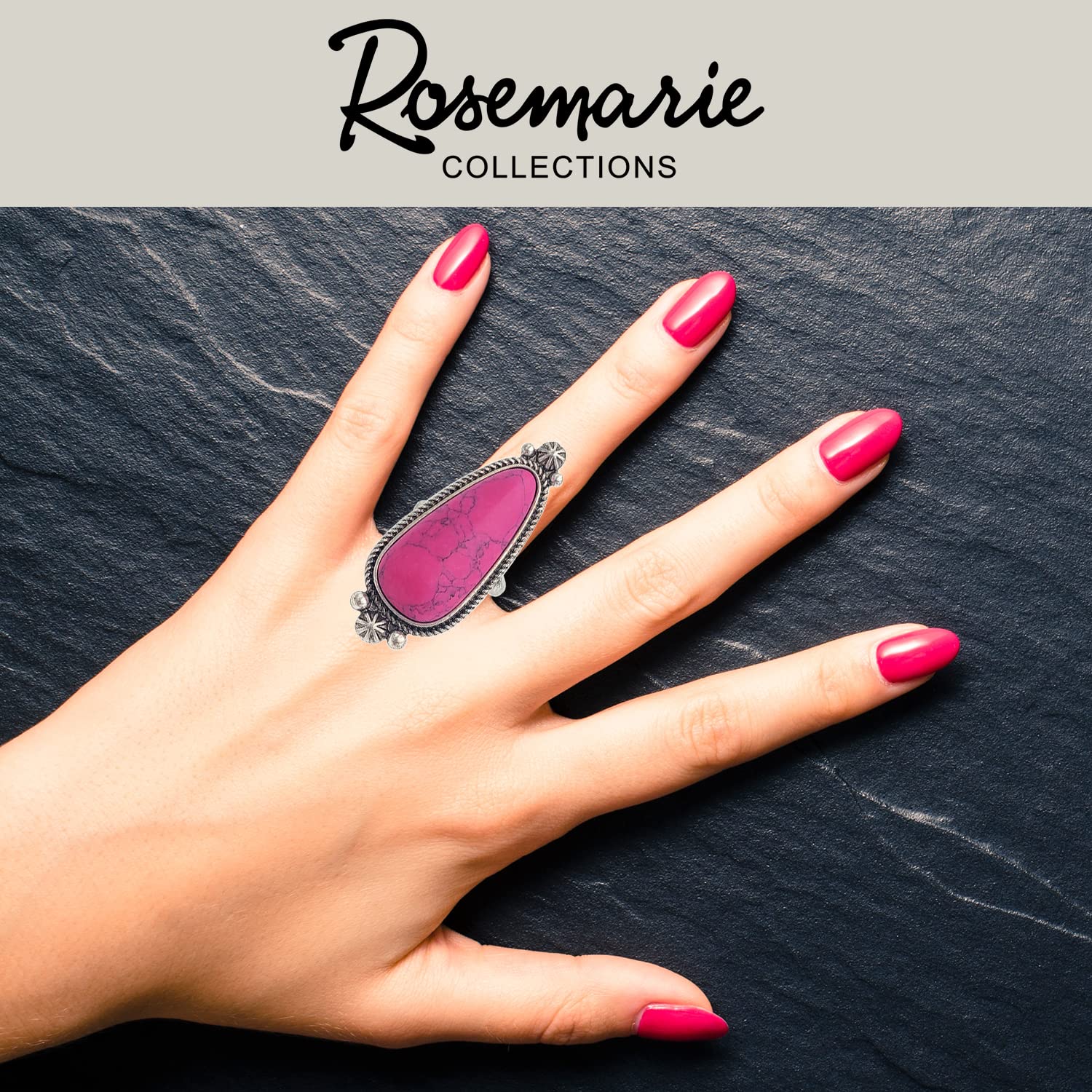 Rosemarie & Jubalee Women's Colorful Western Style Semi Precious Howlite Stone Silver Tone Squash Blossom Frame Adjustable Stretch Ring, 2" (Fuchsia Pink Stone)