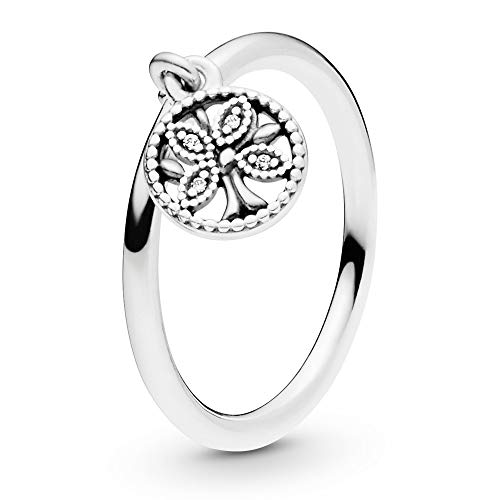 Pandora Dangling Family Tree Ring - Sterling Silver Ring for Women - Layering or Stackable Ring - Intricately Hand-Finished Ring - Gift for Her - Sterling Silver with Clear Cubic Zirconia - Size 5