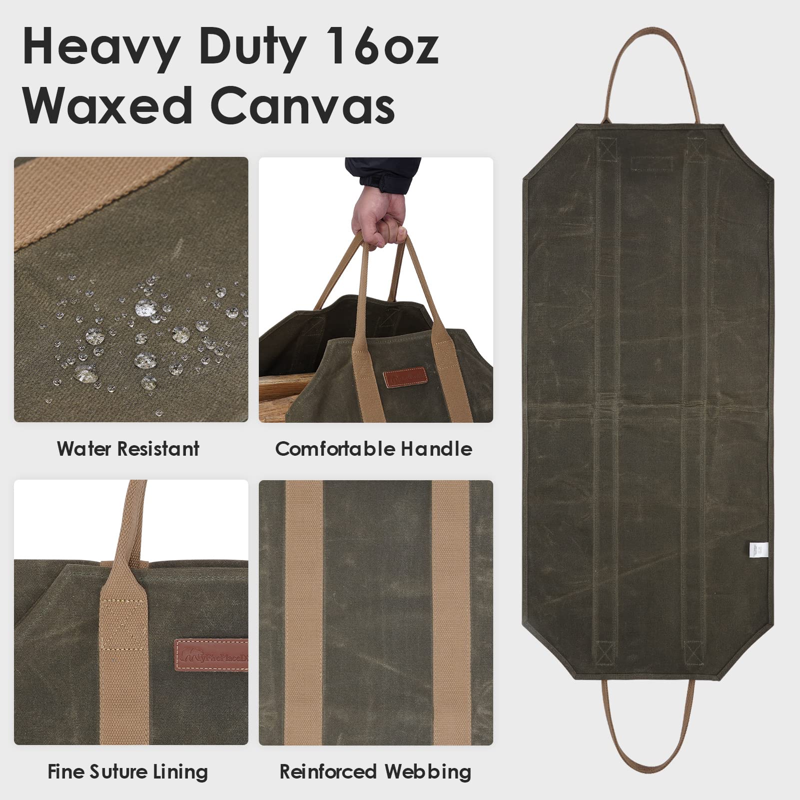 MYFIREPLACEDIRECT Sturdy Waxed Canvas Firewood Log Carrier, Durable Firepalce Wood Bag with Reinforce Duty Straps