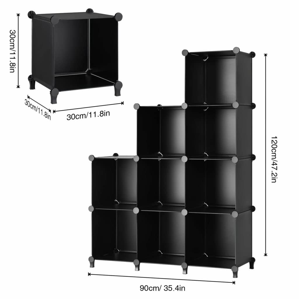 Nicunom Cube Storage Organizer, 9-Cube Bookshelf Stackable Storage Shelves DIY Plastic Closet Cabinet Organizer Shelves Multifunctional Modular Storage for Bedroom Living Room, Black