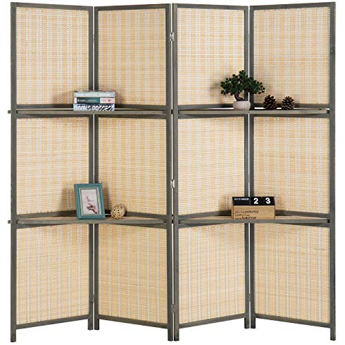 MyGift 4-Panel Deluxe Woven Bamboo Dark Gray Room Divider with Removable Storage Shelves, Living Room Bedroom Portable Partition Screen