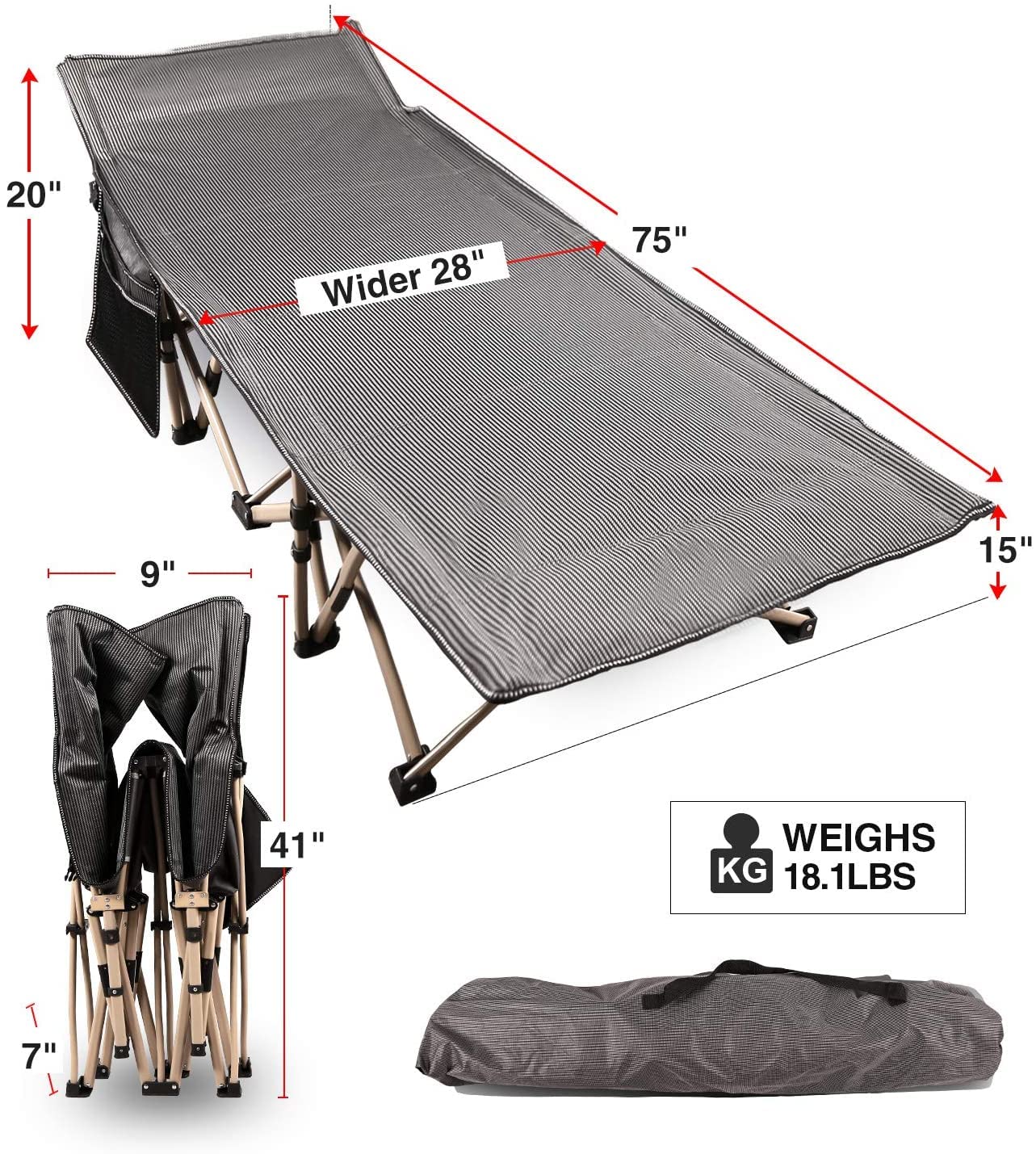 REDCAMP Folding Camping Cots with Cot Pads for Adults 500lbs, Double Layer Oxford Strong Heavy Duty Wide Sleeping Cots for Camp Office Use, Portable with Carry Bag, Grey