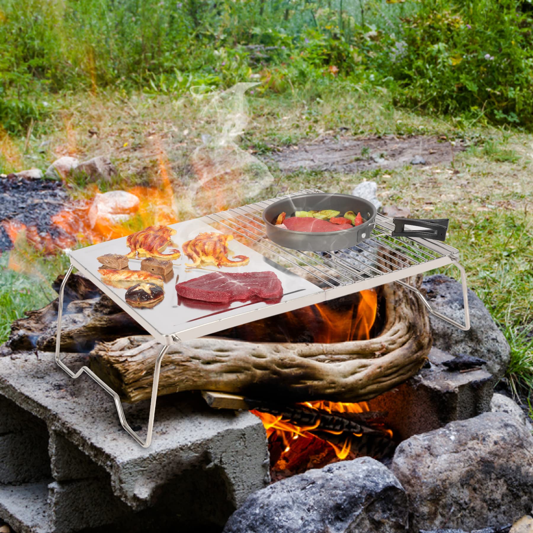 REDCAMP Folding Campfire Grill Grate and Griddle,Stainless Steel Camp Fire Cooking Racks for Outdoor Camping Cooking,16.5x12.5x6.5 Inches