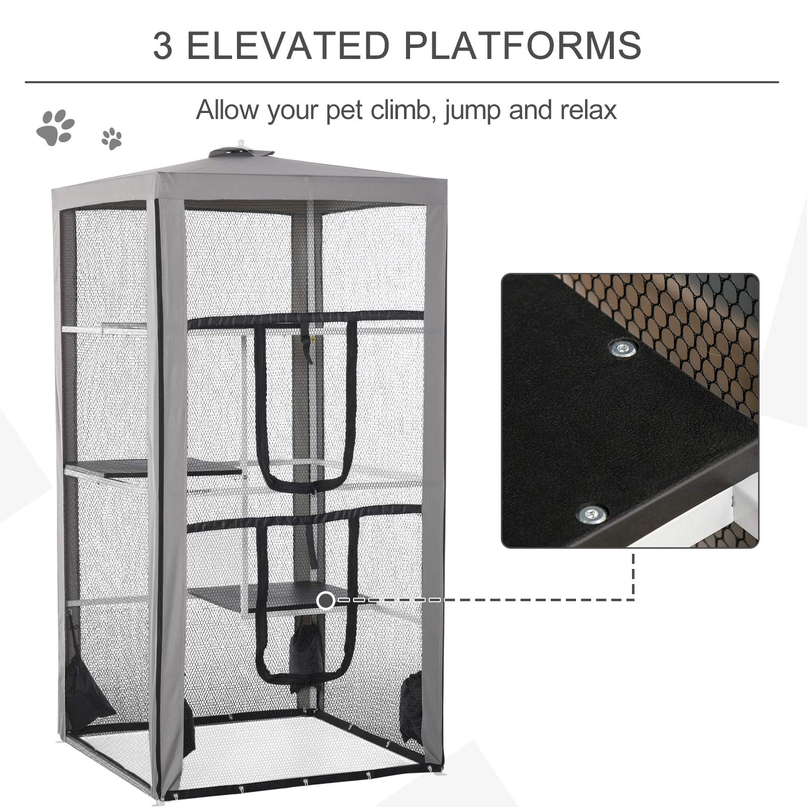 PawHut 79" H Cat House Kitten Enclosure Mesh Playpen Steel Frame with 3 Platforms, 2 Doors and 4 Sandbags for Stability, Indoor/Outdoor