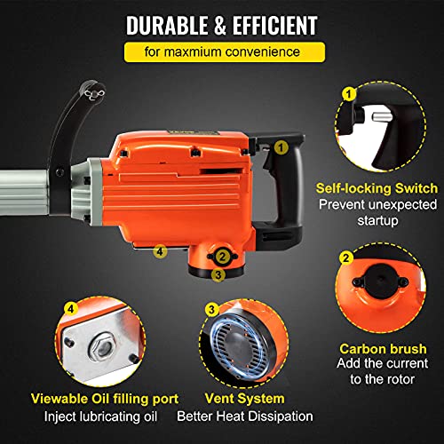 VEVOR Demolition Jack Hammer 2200W Jackhammer Concrete Breaker 1400 BPM Heavy Duty Electric Jack Hammer 6pcs Chisels Bit w/Gloves & 360°C Swiveling Front Handle for Trenching and Breaking Holes