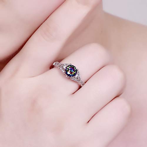 Momius 925 Silver Created-Rainbow Topaz Brilliant Round Cut Wave Side Band Ring for Girls Women Size 6¡