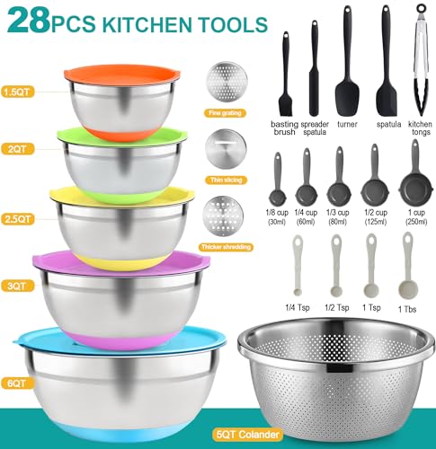 Naitesen 28PCS Mixing Bowls with Lids Colander Set, Stainless Steel Nesting Bowls with Measuring Spoons and Cups Cooking Utensils for Baking Supplies Kitchen Essentials Tools