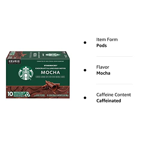 Starbucks Flavored Coffee K-Cup Pods, Mocha Flavored Coffee, Made without Artificial Flavors, Keurig Genuine K-Cup Pods, 10 CT K-Cups/Box (Pack of 1 Box)