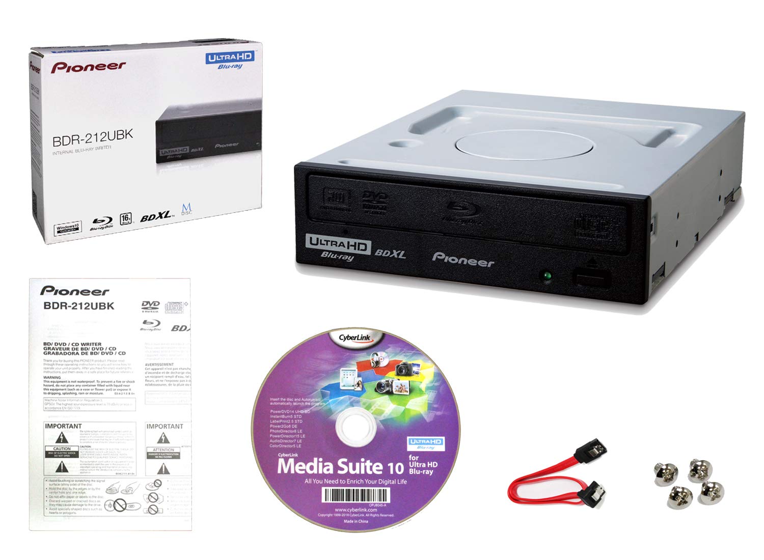 Produplicator Pioneer BDR-212UBK Internal 16x Blu-ray Writer Drive Bundle with Cyberlink Burning Software, SATA Cable and Mounting Screws - Burns CD DVD BD DL BDXL Discs