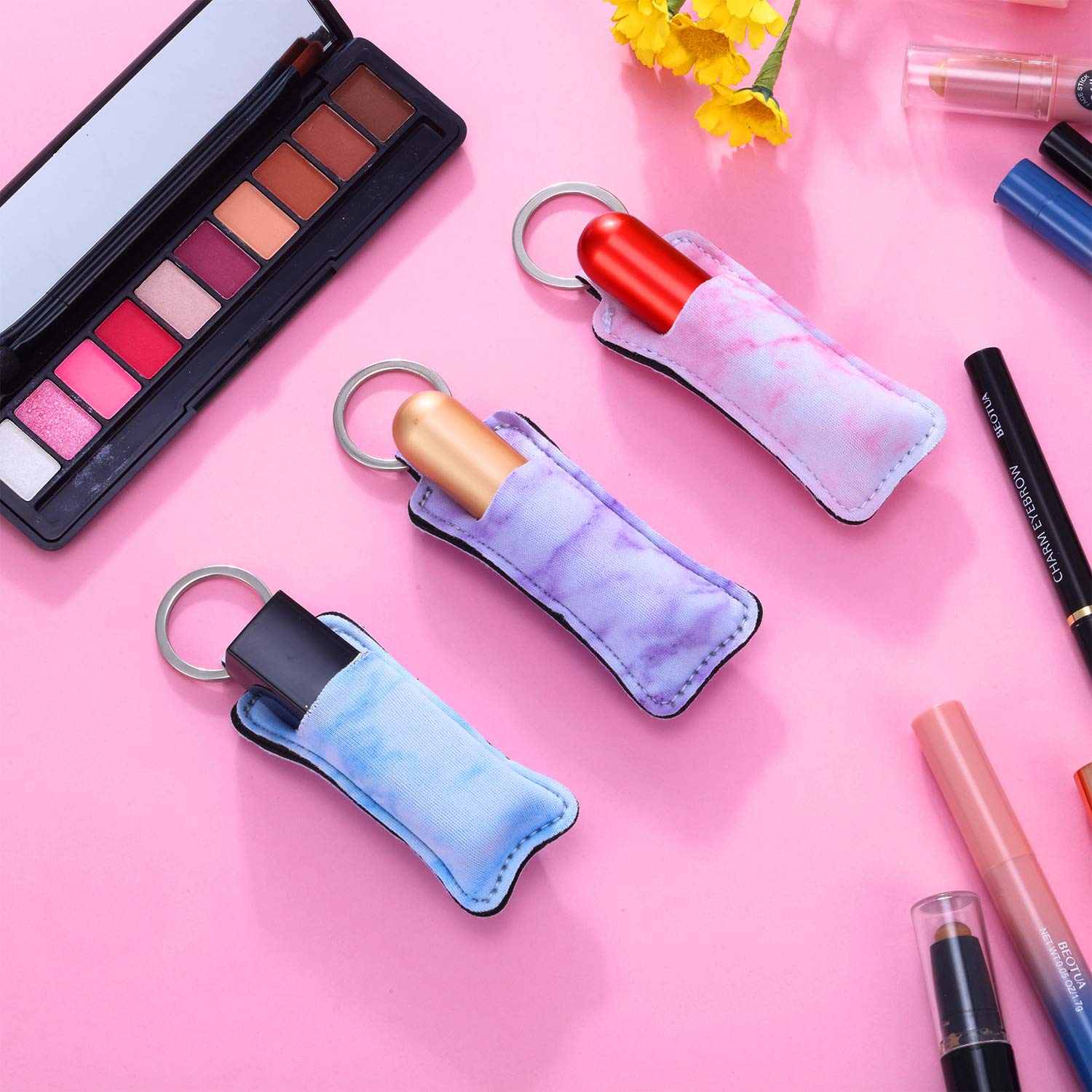 Patelai 20 Pieces Travel Bottle Keychain Holders Set, 5 Lipstick Holder 5 Keychain Wristlet Lanyards 5 Lipstick Holder Keychain 5 Plastic Empty Bottles for Liquid Lotion Toiletry (Marble Style)