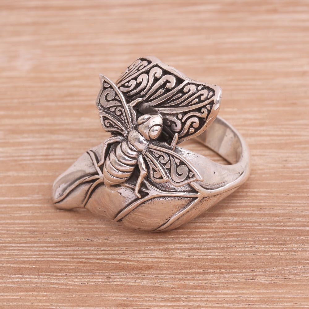 NOVICA Artisan Handmade .925 Sterling Silver Cocktail Ring Bee from Bali Indonesia Animal Themed Bug 'Bee Grove'