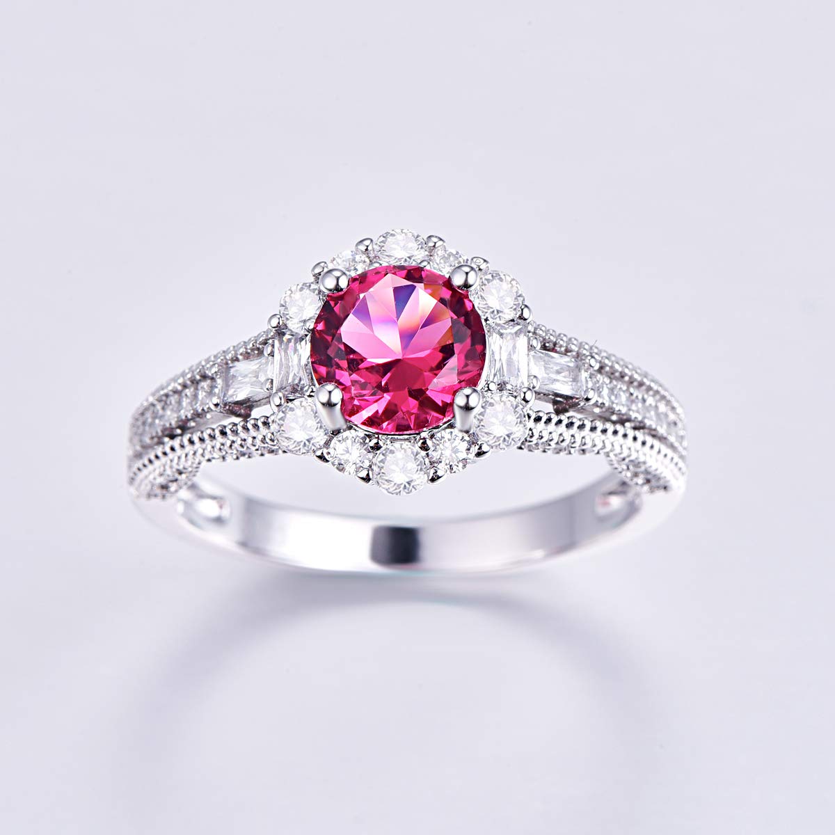 Momius 925 Sterling Silver Created Ruby Spinel 4-Prong Round Brilliant CZ Cut Halo Pave Triple Row Wedding Engagement Eternity Ring for Women Size 6