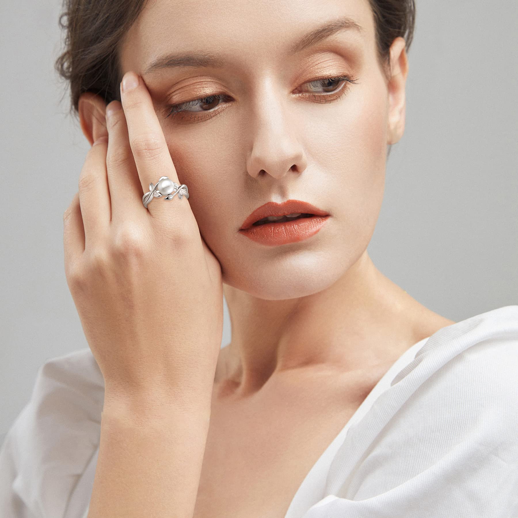STARCHENIE Pearl Rings with Leaf Cubic Zirconia Wedding Engagement Ring for Women Sterling Silver,Twisted Promise Ring for Her size9