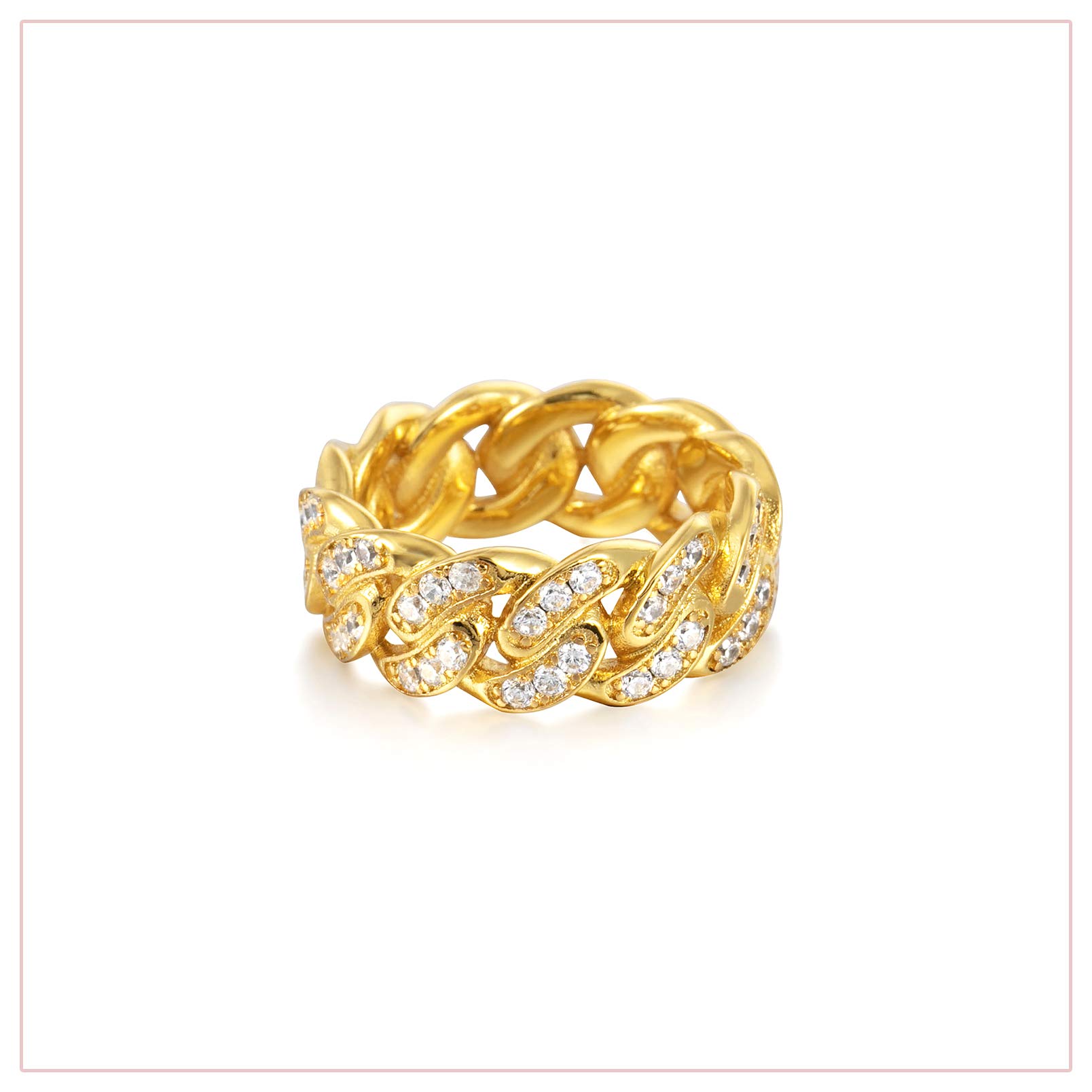 Nsitbbuery Hip Hop 18K Gold Plated Bling Crystal Cuban Chain Ring(Gold(6))