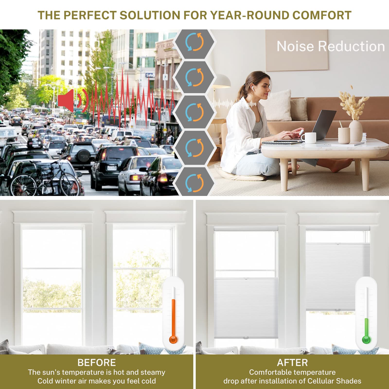 Moonice Top Down Bottom Up Blackout Cellular Shades, Cordless up down blinds bottom up blinds for windows Honeycomb Blinds Room Darkening Honeycomb Shades for Windows,Easy to Install