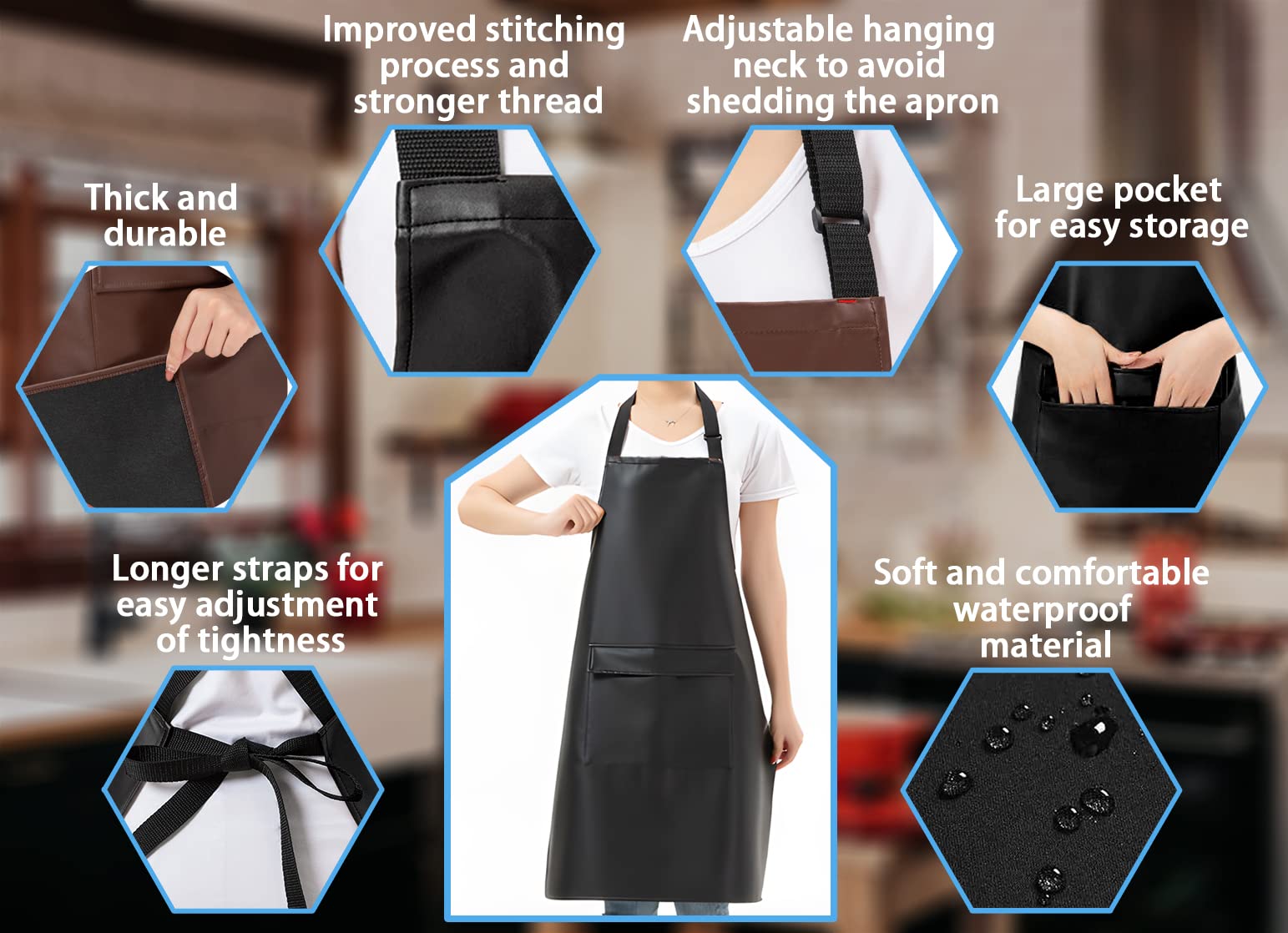 RUIFYRAY Black Vinyl Leather Apron with Pockets for Women, Waterproof for Kitchen, Cooking, Dishwashing, Dog Grooming