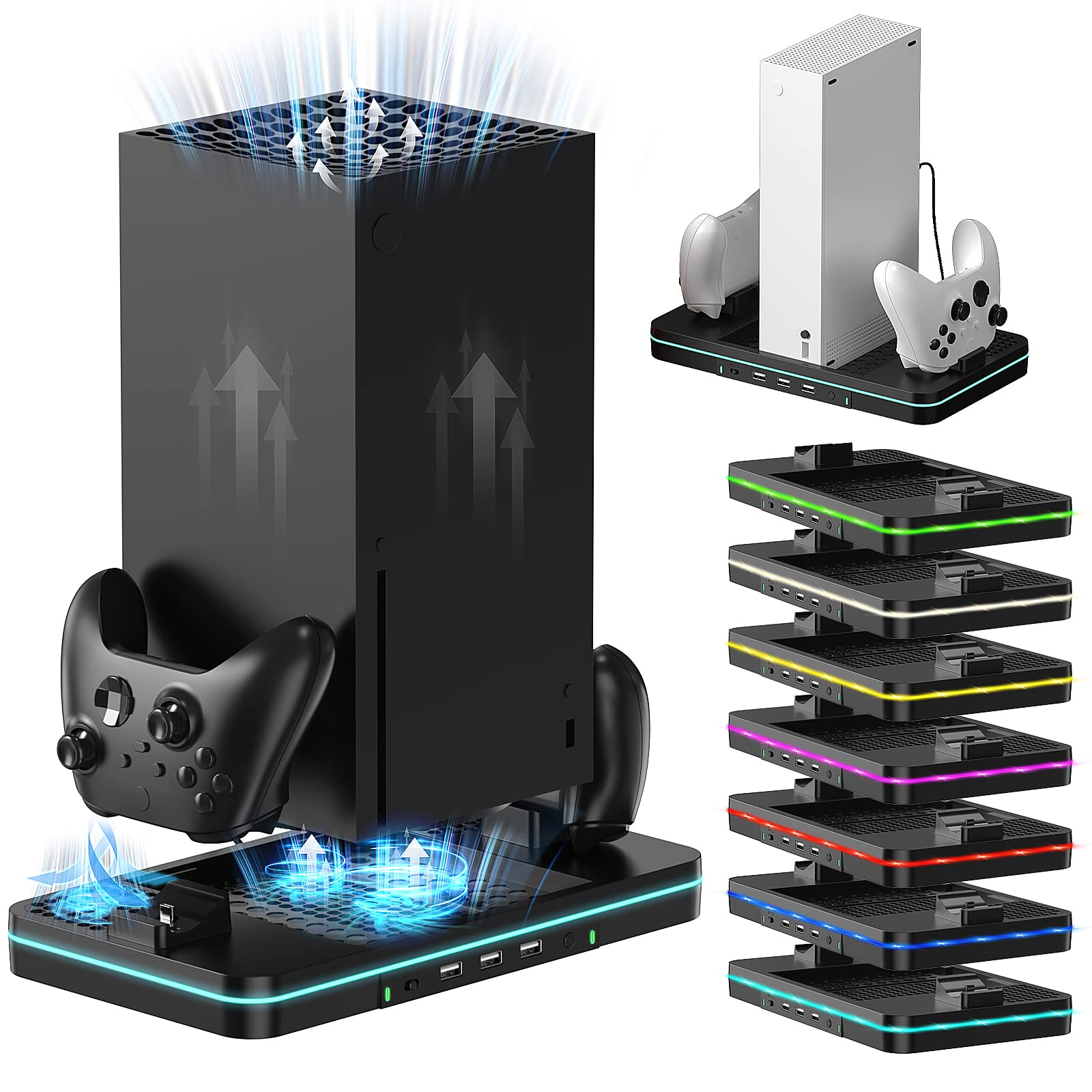 Vertical Cooling and Charging Stand Compatible with Xbox Series X/S Console&Controller, 7 Color Lights/3 USB Ports, Vertical Dual Controller Charger Station Dock Accessories - 2 Gear Fan Speed