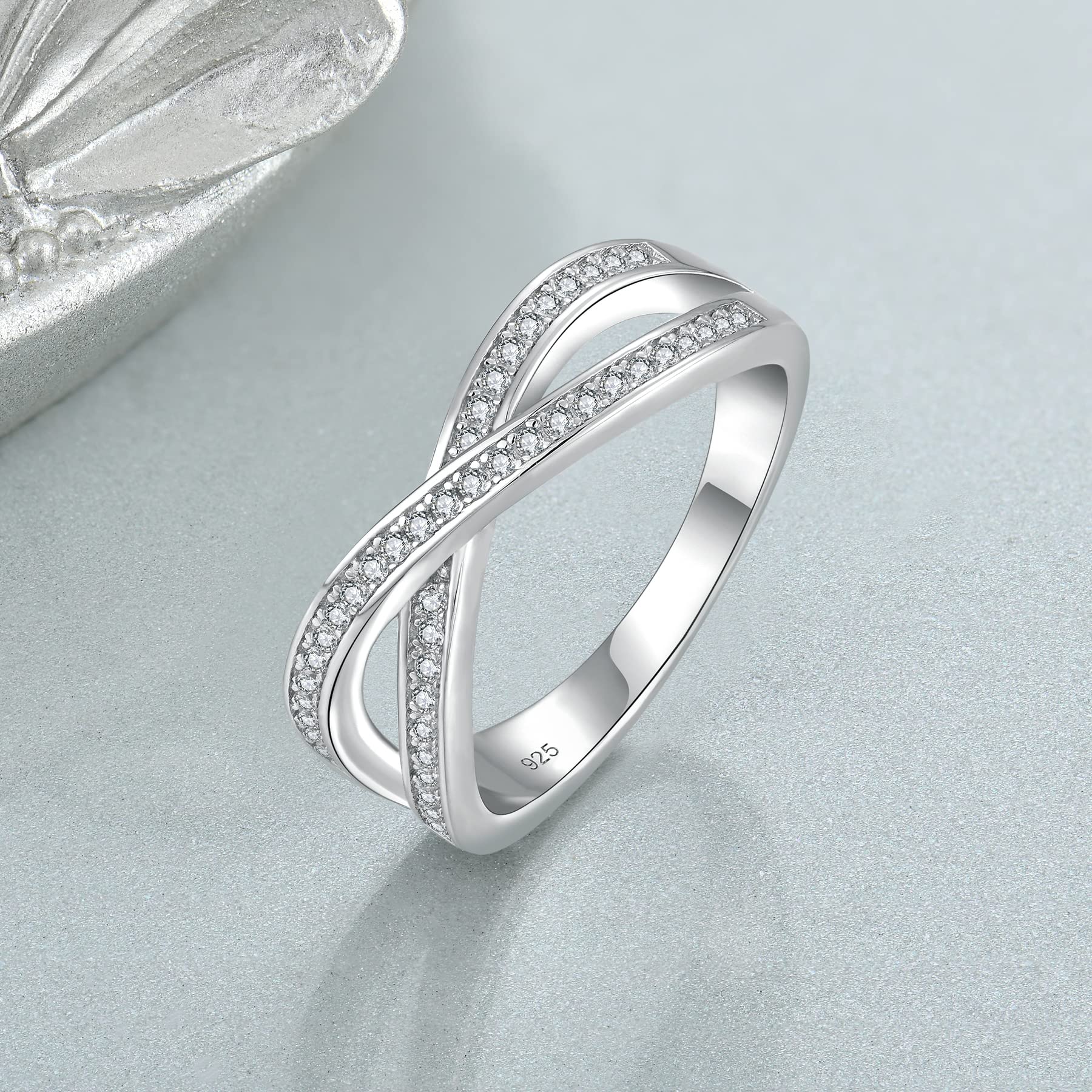 STARCHENIE X Ring 925 Sterling Silver Criss Cross Ring for Women Cubic Zirconia Size 10