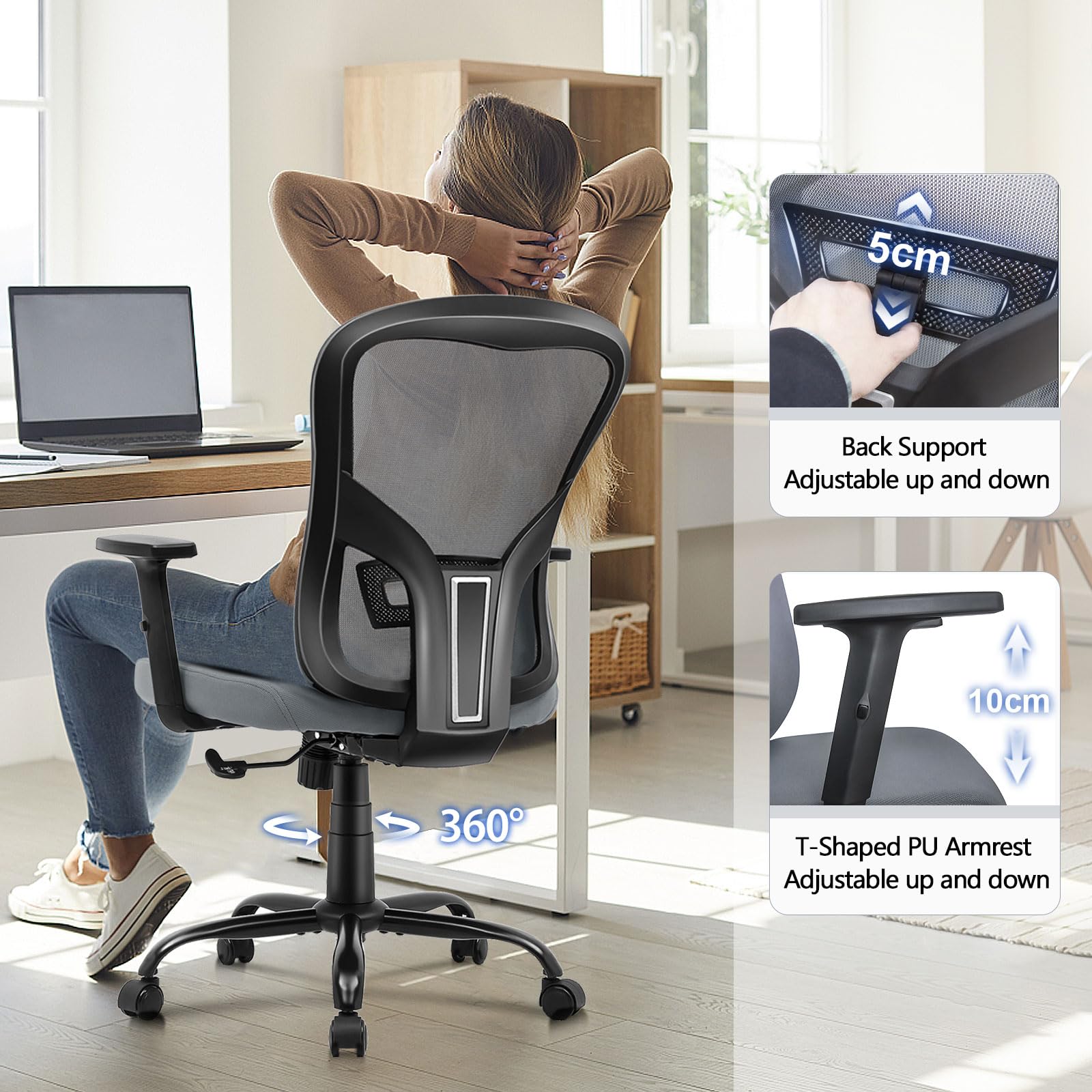 Office Chair Ergonomic Desk Chair with Adjustable Lumabr Support & 2D Armrest, Home Office Desk Chairs Breathable Rocking Computer Executive Chair Adjustable Height Task Chair350lbs (Grey)