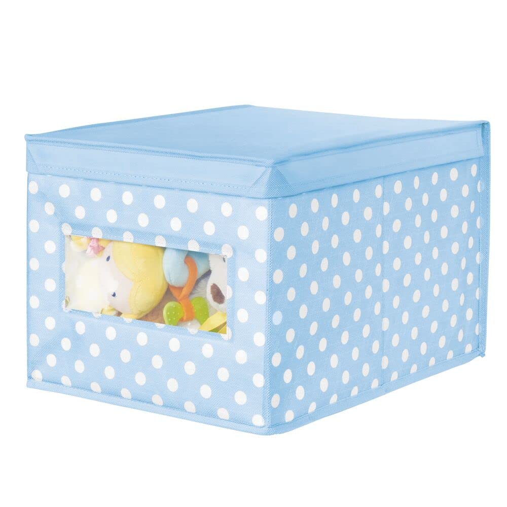 mDesign Large Soft Stackable Fabric Baby Nursery Storage Organizer Holder Bin Box with Front Window/Lid for Child/Kids Bedroom, Playroom, Classroom, Lido Collection, Light Blue/White Polka Dot