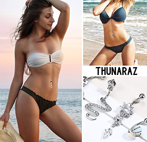 THUNARAZ 14G Belly Button Rings Dangle Cute Navel Ring Snake Heart Skull Hand with Opal Clear CZ Belly Button Rings for Women Belly Piercing Pack