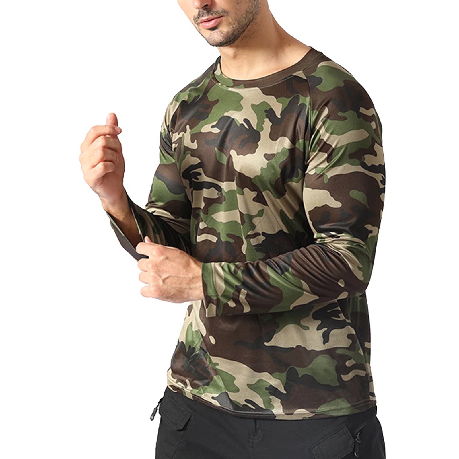 Rela Bota Mens Long Sleeve T-Shirt Active Casual Camouflage Military Shirt Crew Neck Quick Dry Slim Fit